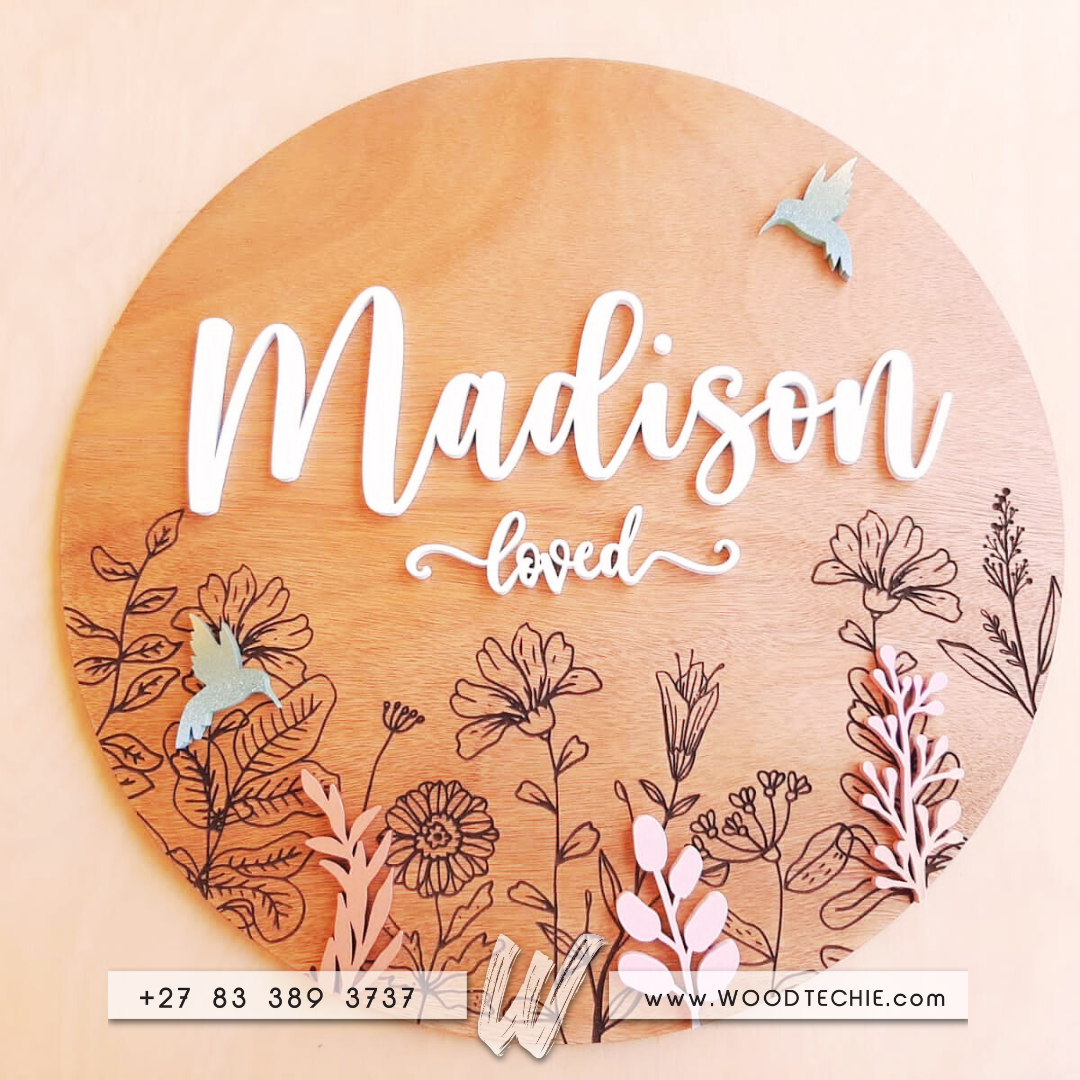 Engraved Flowers Name Board - Woodtechie