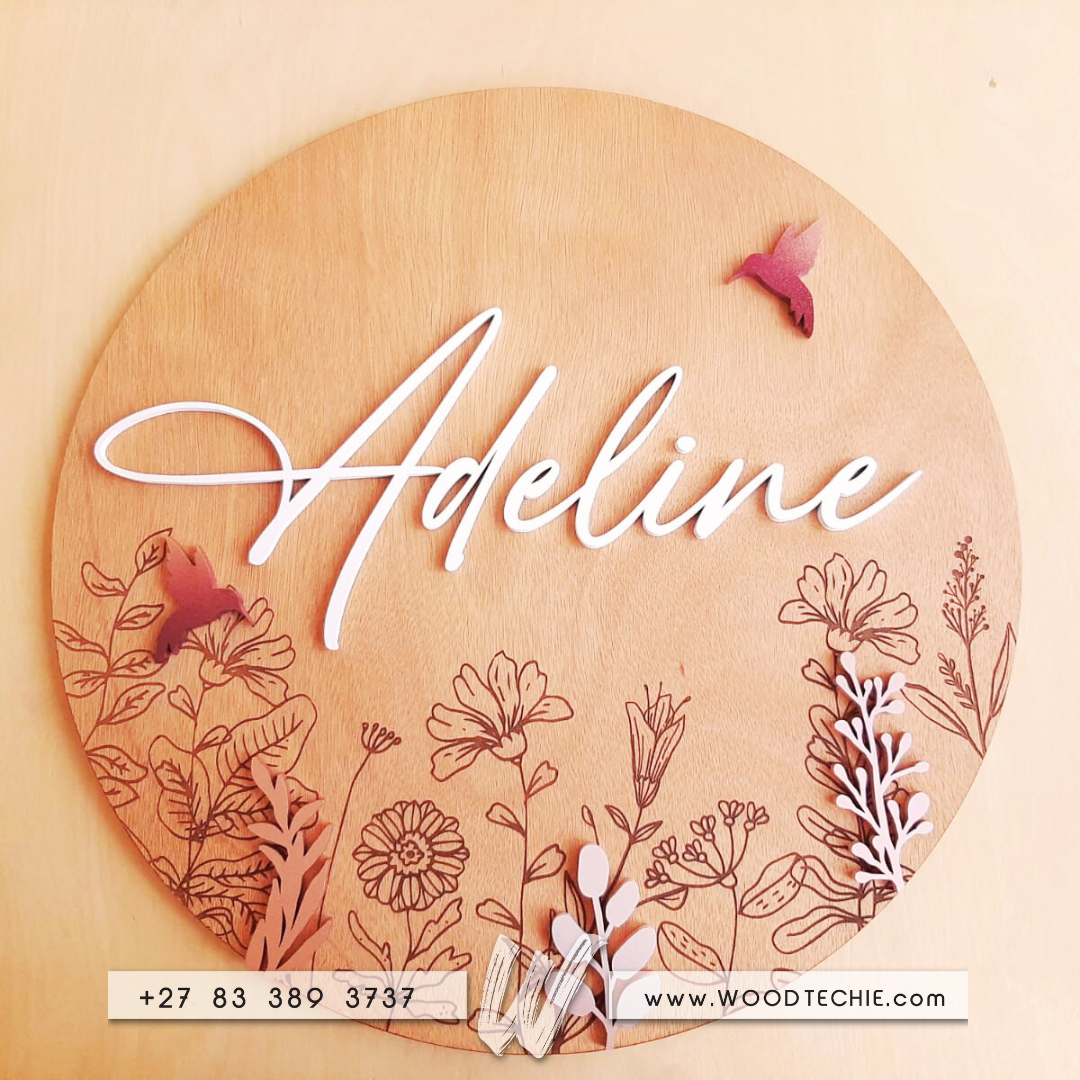 Engraved Flowers Name Board - Woodtechie
