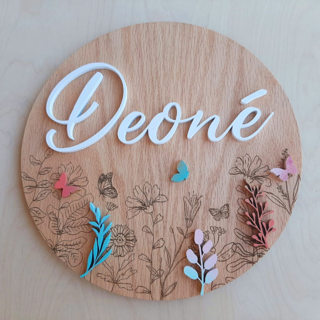 Engraved Flowers Name Board - Woodtechie